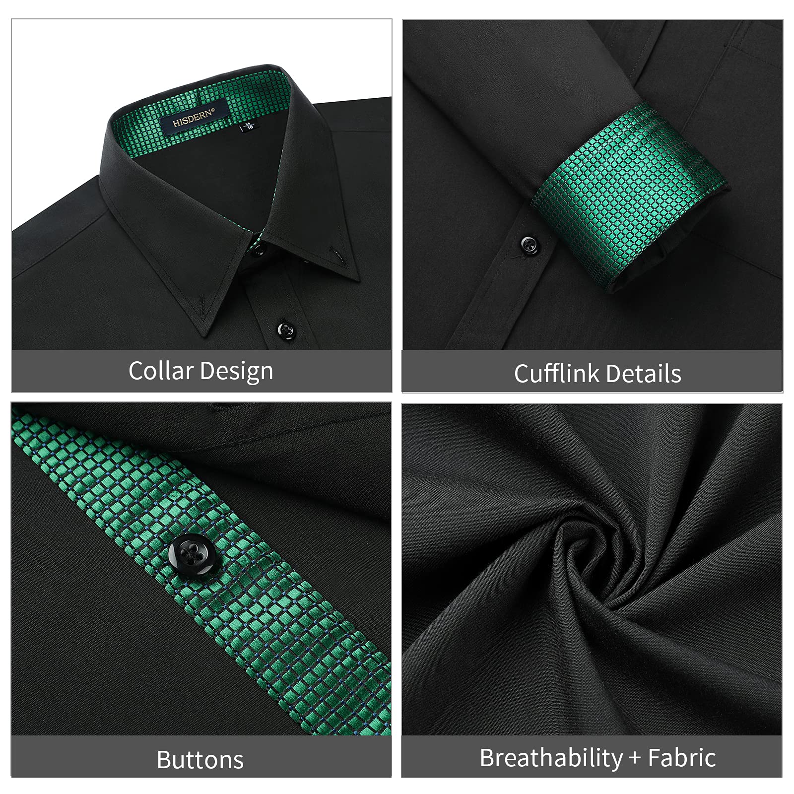 HISDERN Mens Black Dress Shirts Long Sleeve Button Down Shirt Inner Contrast Green Plaid Formal Business Tuxedo Shirt