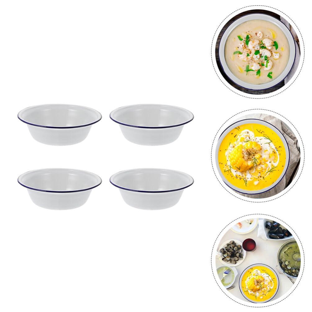 Hemoton 4pcs Vintage Style White Enamel Mixing Bowl with Black Trim Enamelware Metal Large Classic Round Salad Serving Bowl Soup Basins 20cm
