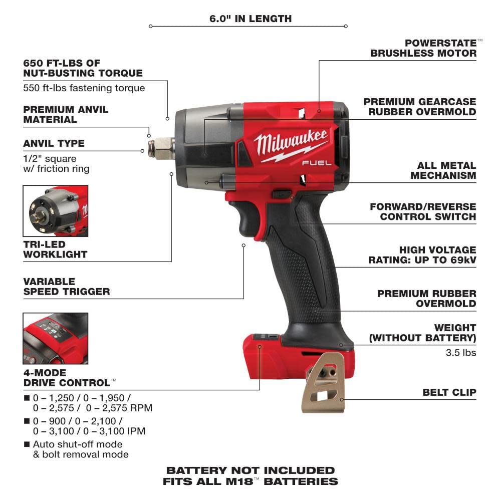 Milwaukee M18 FUEL Lithium-Ion Brushless Mid-Torque 1/2 in. Cordless Impact Wrench with Friction Ring (Tool Only) + Accessory