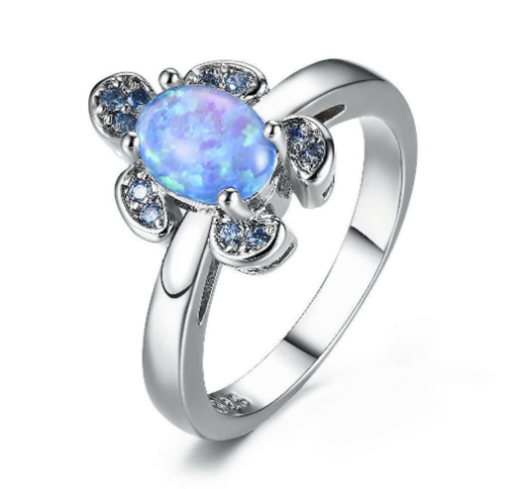 HUKQBUNX 925 Sterling Silver Blue Opal Lovely Little Turtle Innovative Design Beach Wave Vacation Wave Ring Women's Precious Jewelry Size 6-10 (Size 9)