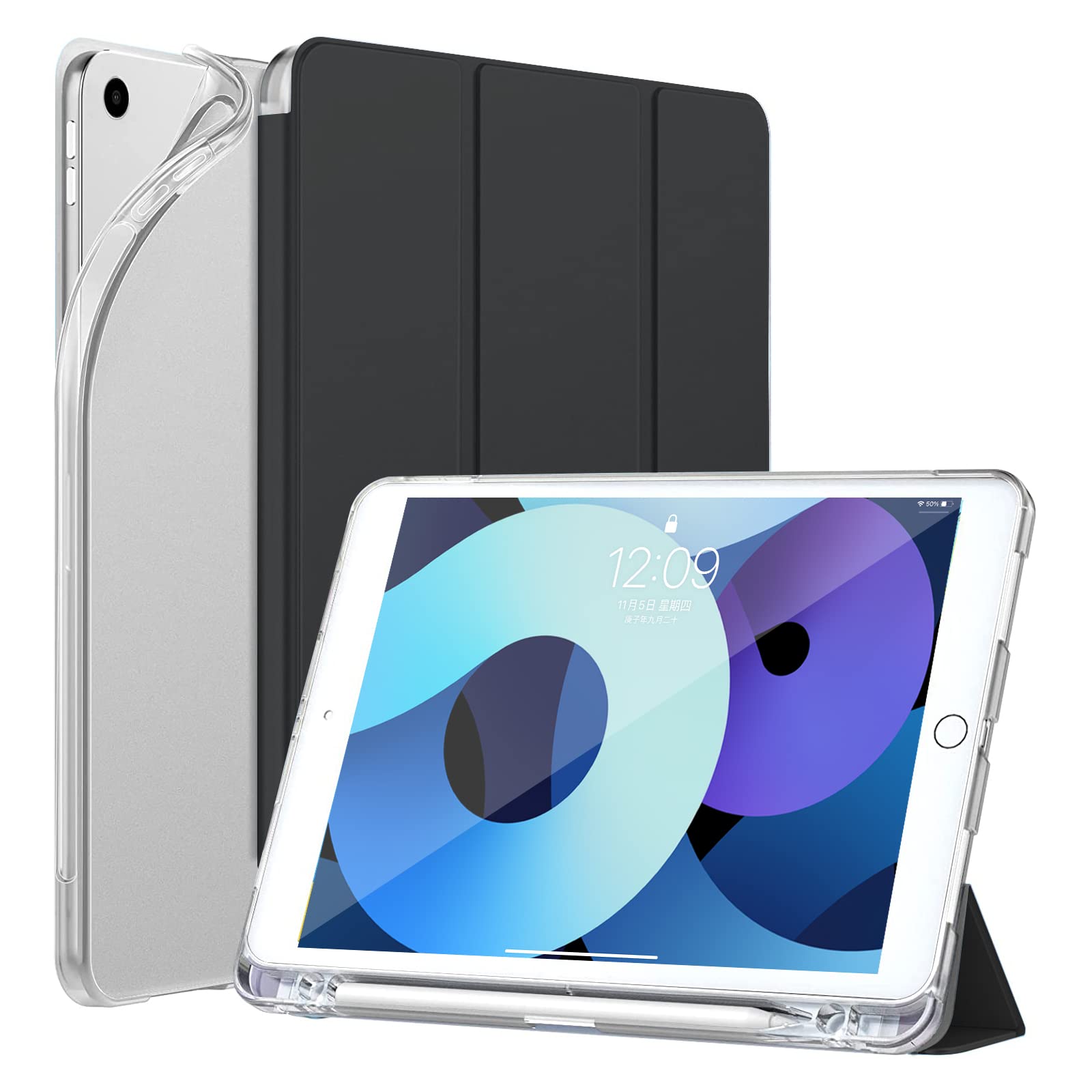 LRCXL Case Compatible with iPad 10.2 Inch 2021/2020 iPad 9th/8th Generation & 2019 iPad 7th Generation with Pencil Holder, Protective Case with Soft Clear TPU Back, Auto Sleep/Wake Cover(Black)