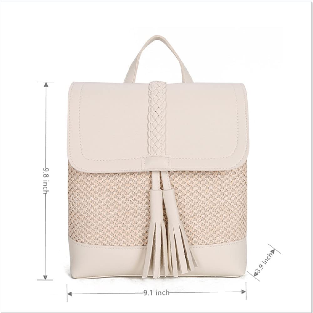 IAMUHI Women Fashion Backpack Purse Casual Summer Handwoven Tassels Backpack Handbag for Vacation,Beach White