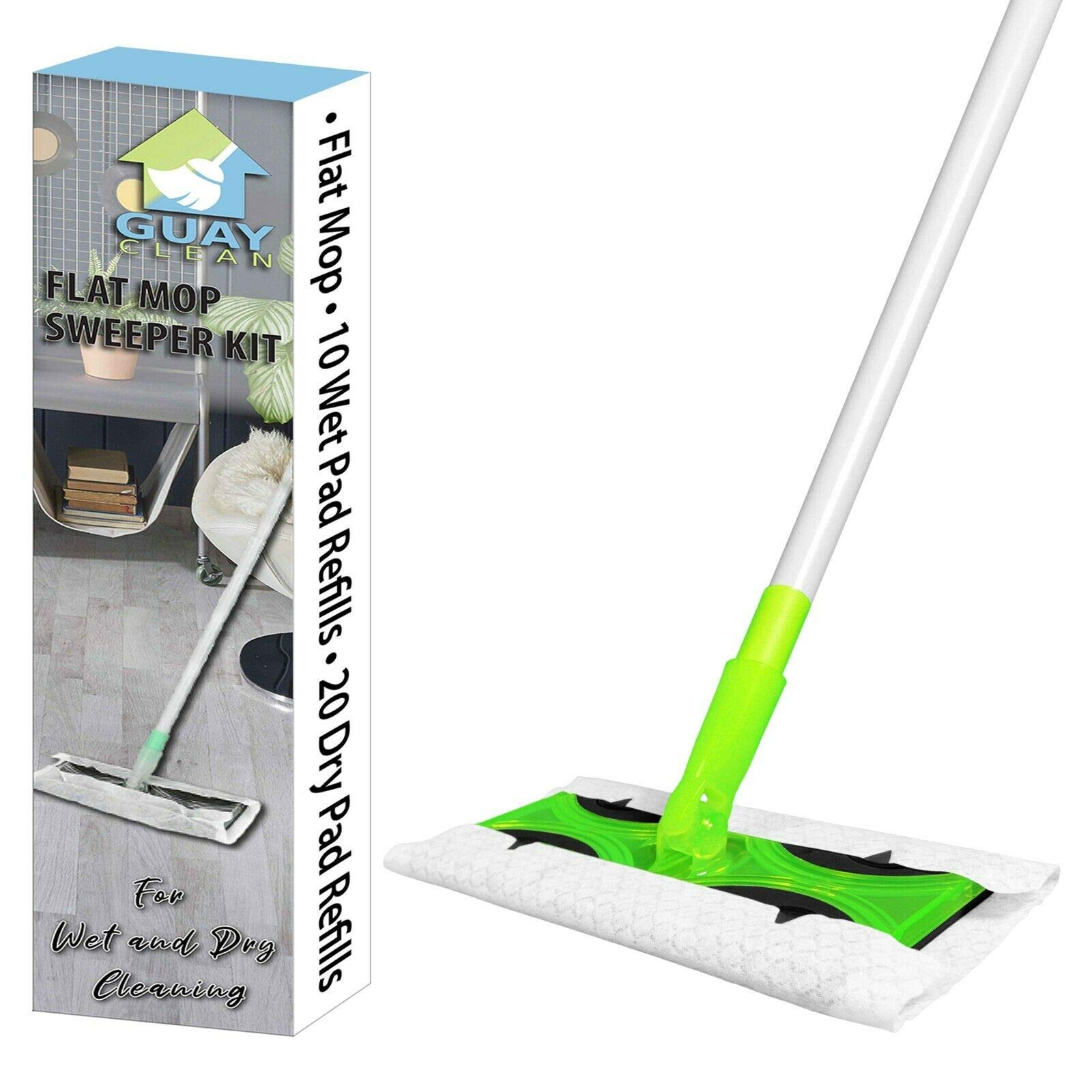 Guay Clean Flat Floor Mop Sweeper Cleaning Kit for Pads and Cloth with Telescopic Pole - Includes 10 Wet and 20 Dry Mop Pad Refills Disposable - Green