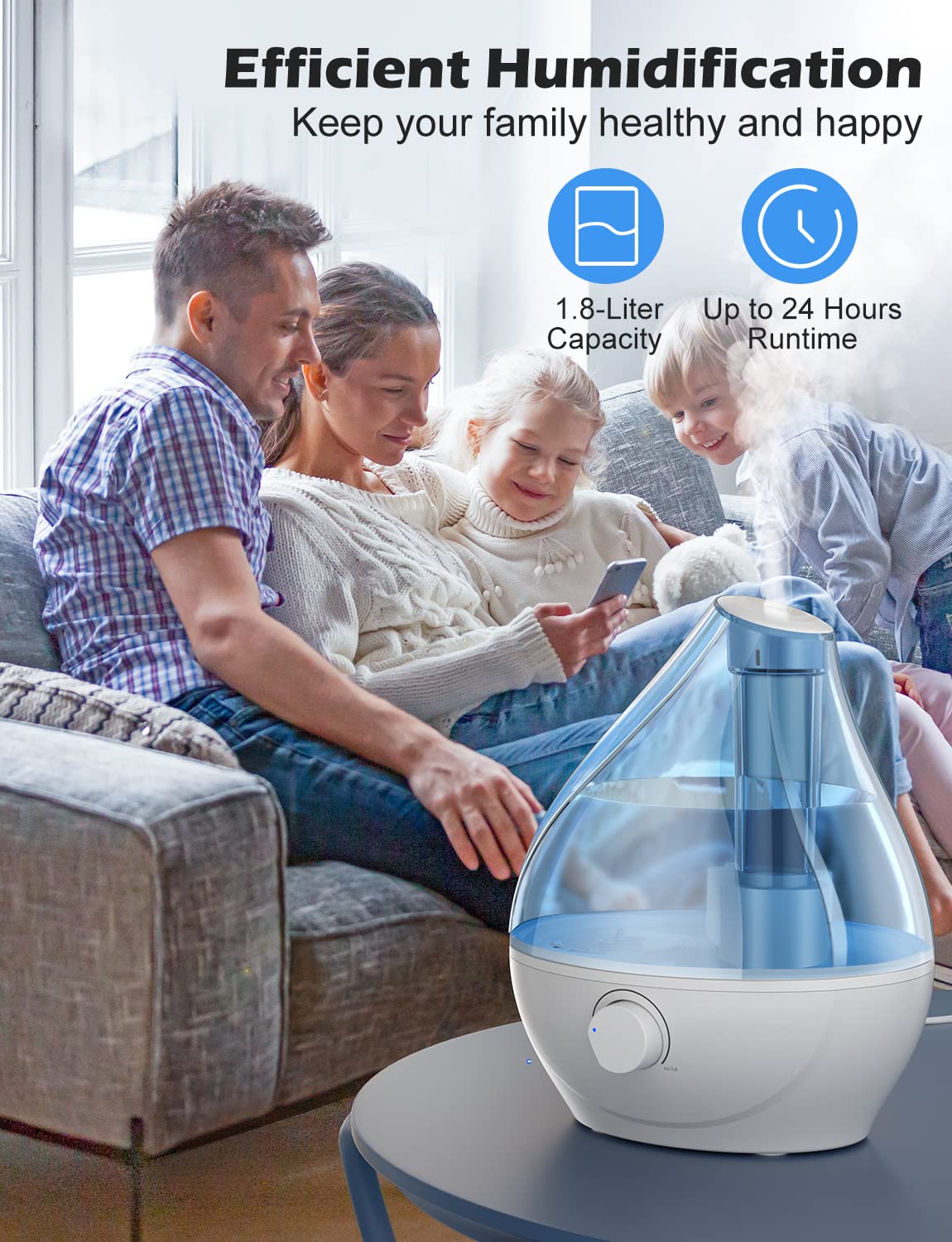 Humidifiers for Bedroom, 1.8L Cool Mist Humidifier, Cool Mist Vaporizer for Home, with 21dB Quiet for Baby Nursery, Easy to Clean Home Humidifier with Dial Knob Control, BPA-Free, 24 Hours Runtime