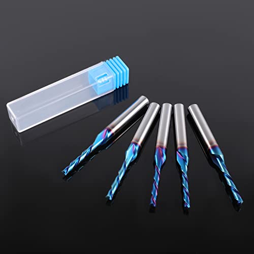 HQMaster 5 Pcs Spiral CNC Router Bits Set Down Cut 1/4β Shank Solid Carbide Spiral Downcut CNC Bits with Nano Blue Coating End Mill for Wood Cut Carving Engraver 1/8" Cutting Dia.