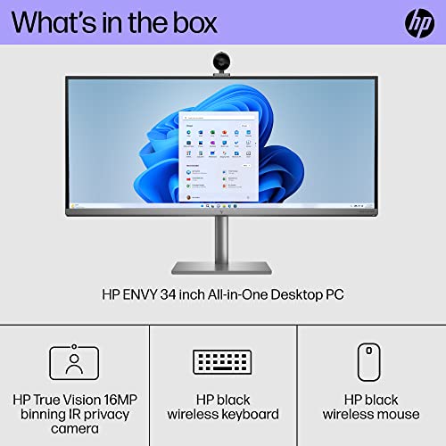 HP Envy 34 inch All-in-One Desktop PC, WUHD Display, 12th Generation Intel Core i7-12700, 32 GB RAM, 1 TB SSD, NVIDIA GeForce RTX 3060 Graphics, Windows 11 Home, 34-c1050 (2023)