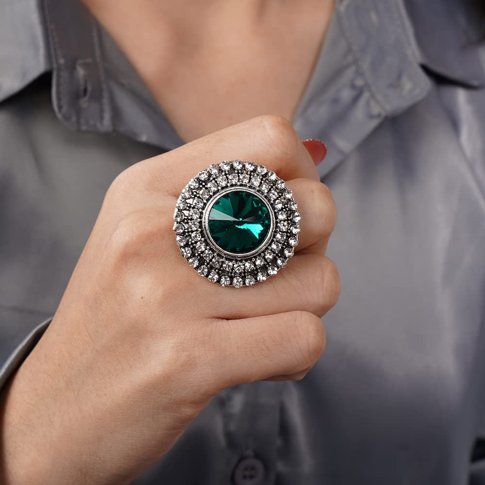 Jumwrit Vintage Knuckle Ring Open Band Ring Silver Rhinestone Ring Big Round Ring Adjustable Finger Ring Carved Ring Indian Ring for Women(Green)