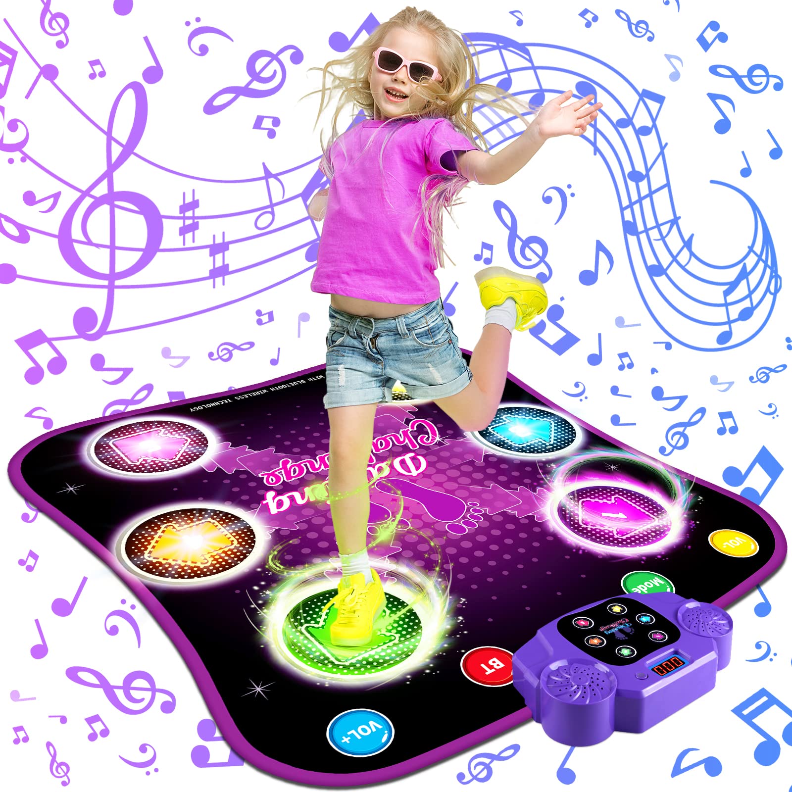 Jugana Kids Dance Mat Toys, Electronic Music Dance Pad with Light Up 6-Button & Wireless Bluetooth, Dance Game Toys for 3-12 Year Old Kids Girls Boys