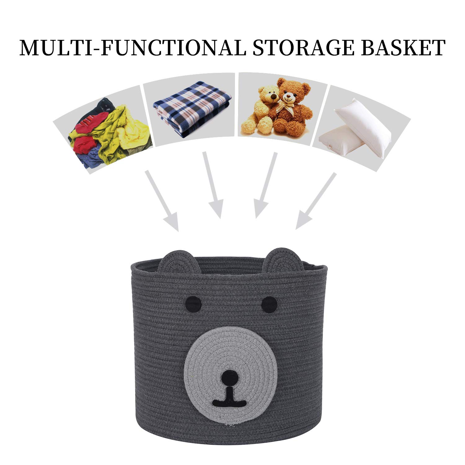 InfiBay Baby Toy Storage, Cotton Rope Storage Basket with Bear Design, Toy Storage Bin with Handles, Woven Laundry Hamper, Baby Nursery Organizer for Toys, Blanket, Clothes, Towels, 12β(D) x 11β(H)