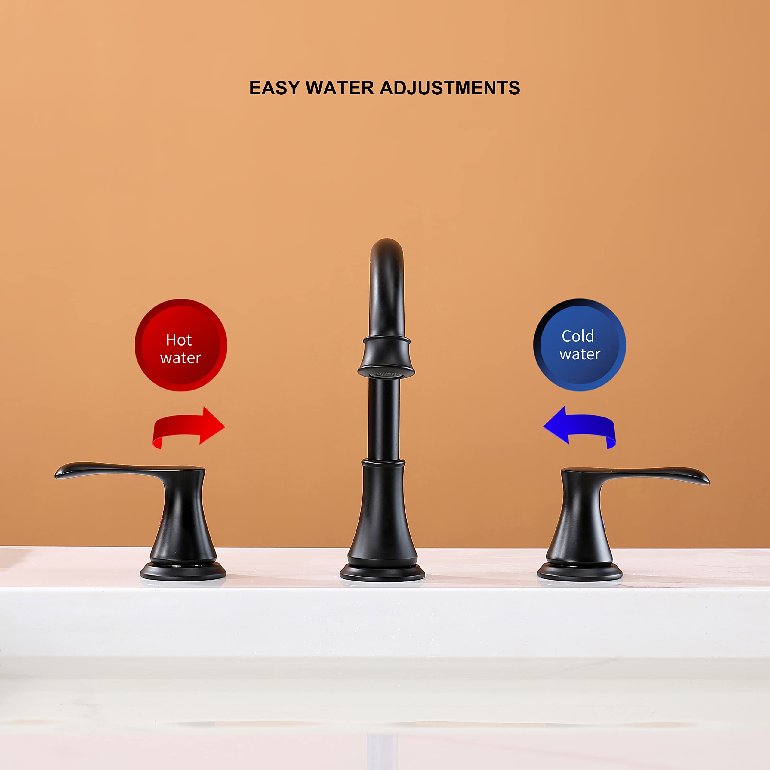 KirlystonE Matte Black Widespread Bathroom Sink Faucet, 8-Inch Black Widespread Vanity Faucet for 3-Hole Bathroom Sink with Drain Assembly and Supply Lines