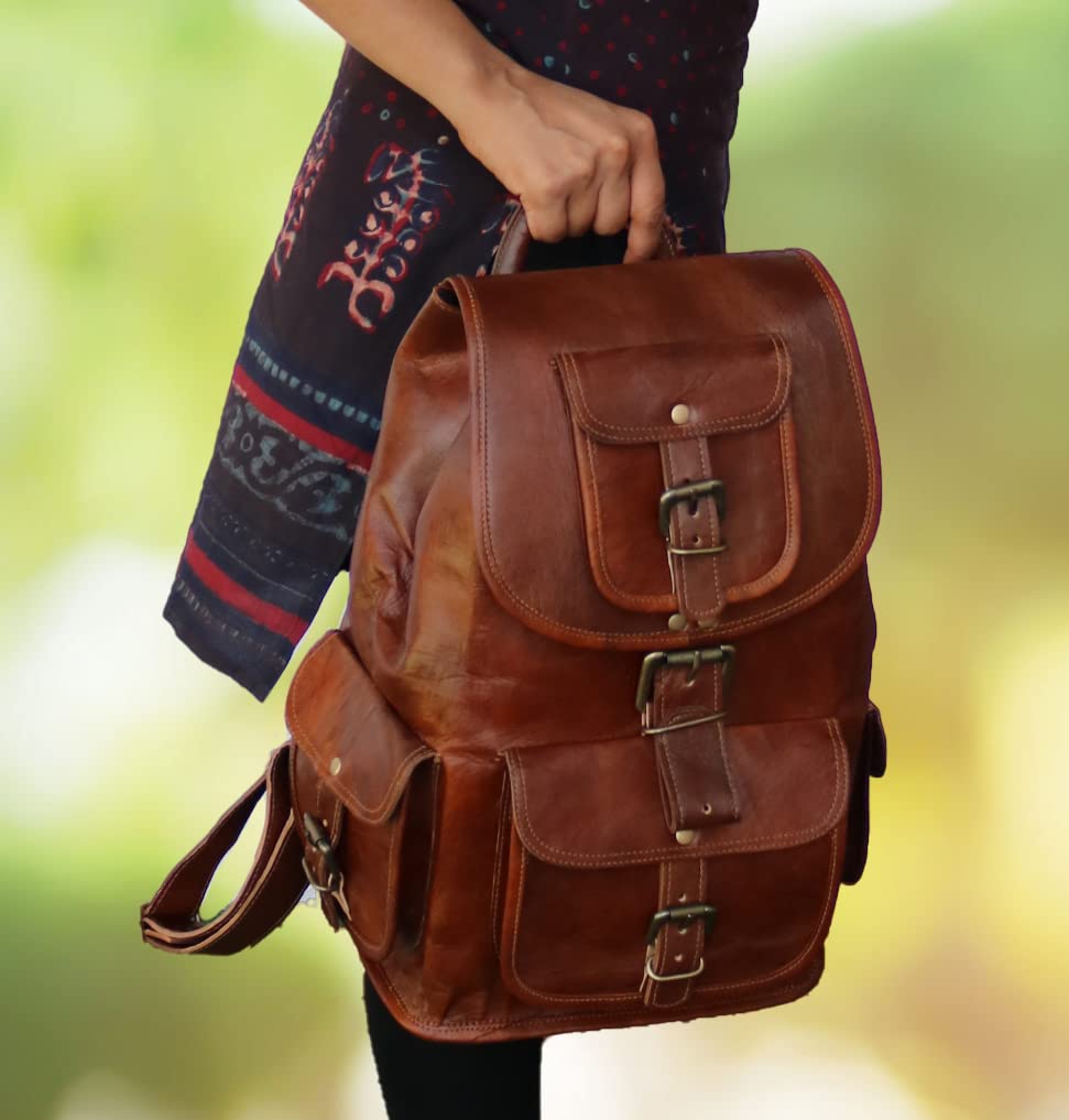 jaald 18" Brown Leather Backpack Vintage Rucksack Laptop Bag Water Resistant Casual Daypack College Bookbag Comfortable Lightweight Travel Hiking/Picnic for Men