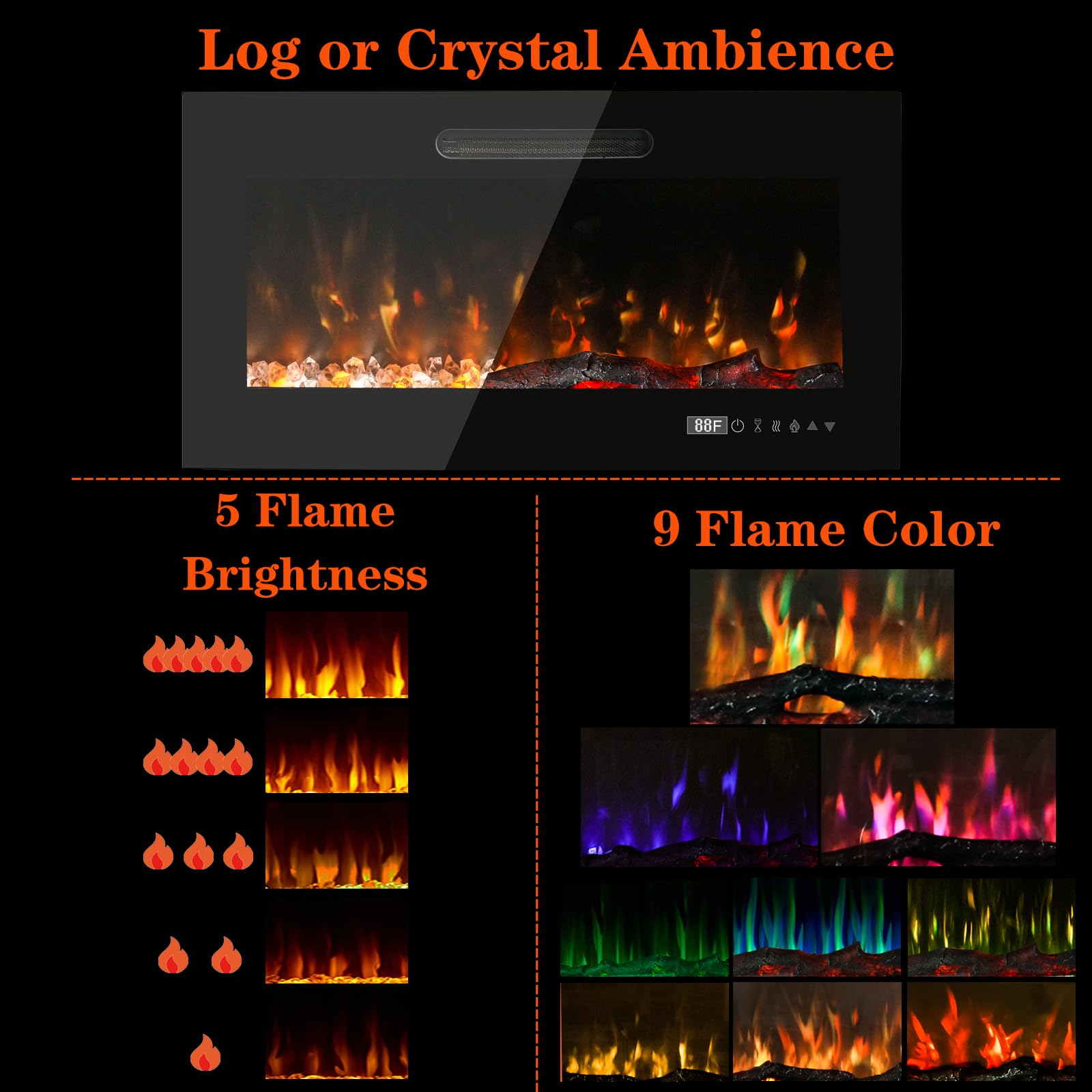 Hello.Dr 50" Ultra-Thin Electric Fireplace Recessed and Wall Mounted - Touch Screen & Remote Control with 12h Timer - Realistic 9 Color Flame and 5 Brightness - Log & Crystal Options,750/1500W