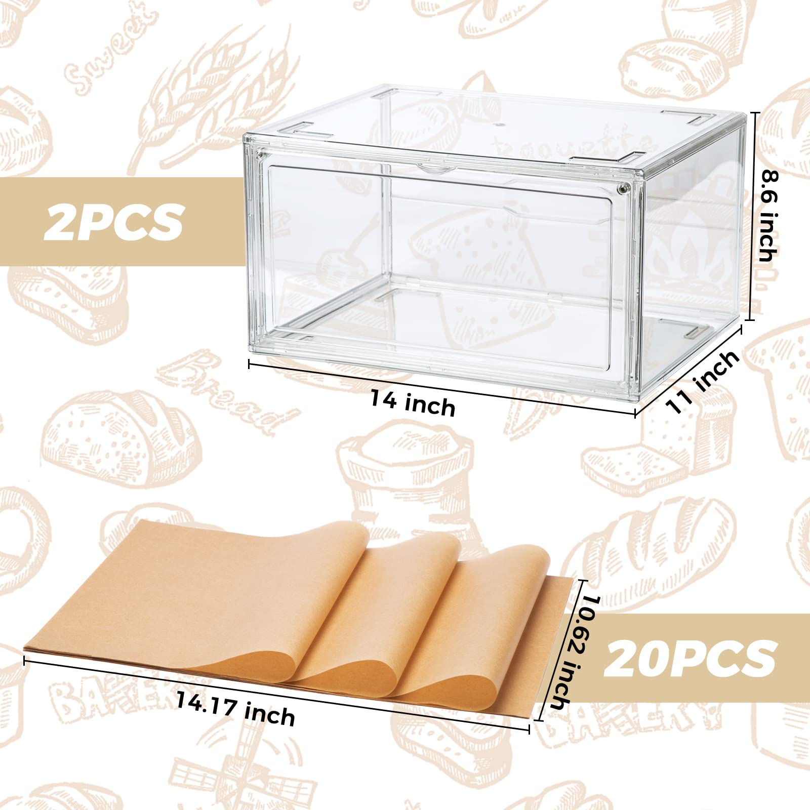 GROPKNIO 2pcs Large Bread Box Kitchen Countertop upgraded - Large Capacity Transparent Bread Rack Storage Box, 20 Sheets of Greaseproof paper-Stackable Double-Layer Bread Pantry Storage Container