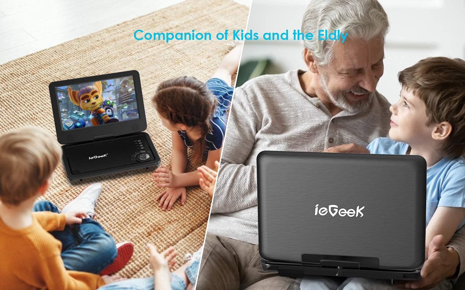 ieGeek Portable DVD Player 12.5", with 10.5" HD Swivel Screen, Car Travel DVD Players 5 Hrs Rechargeable Battery, Region-Free Video Player for Kids Elderly, Remote Control, Sync TV, USB&SD, Black