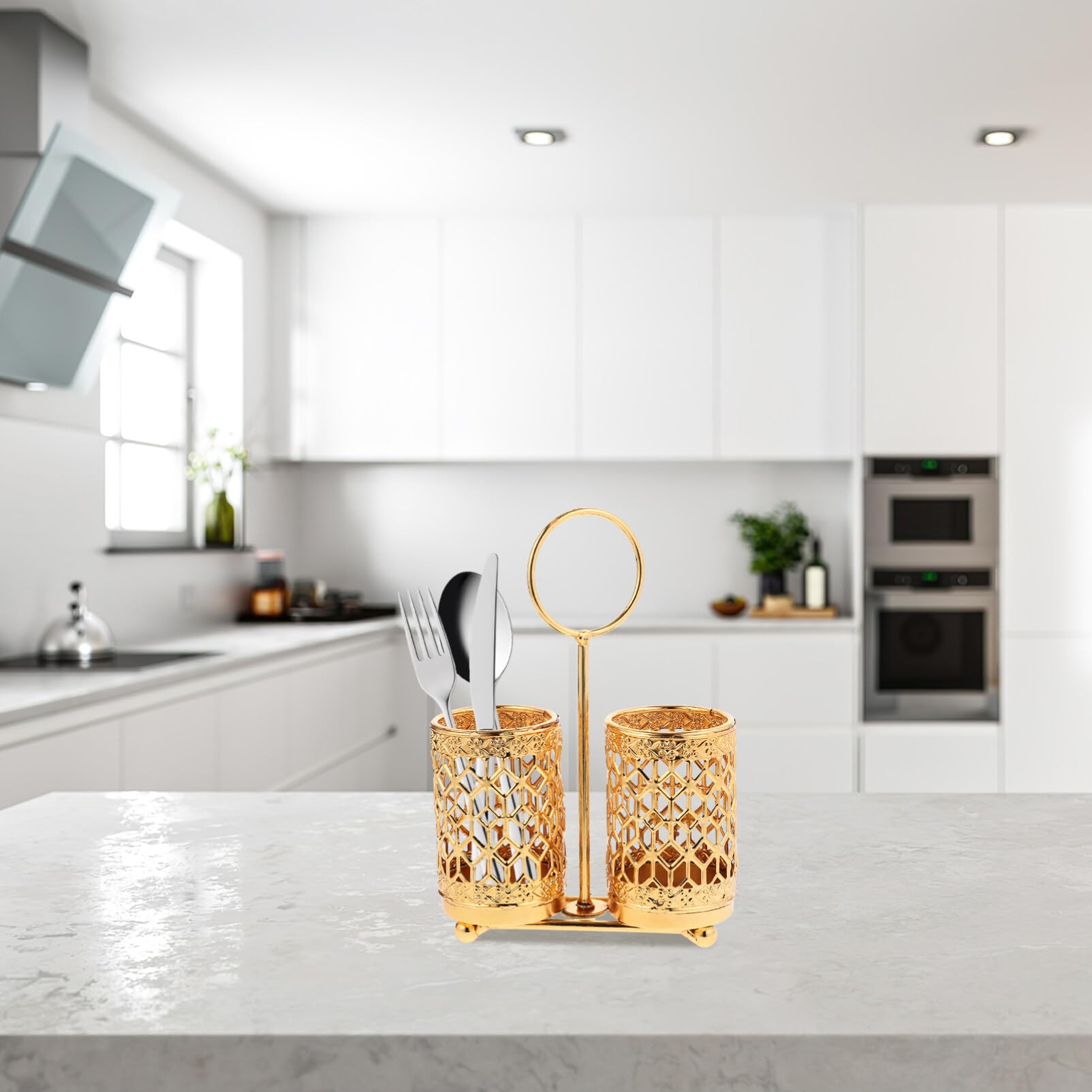 Hemoton Metal Utensil Pot Golden Utensils Holder Rotating Metal Utensils Holder Silverware Organizer Cutlery Holder Fork Spoon Flatware Storage Basket for Countertop Buffet Picnic