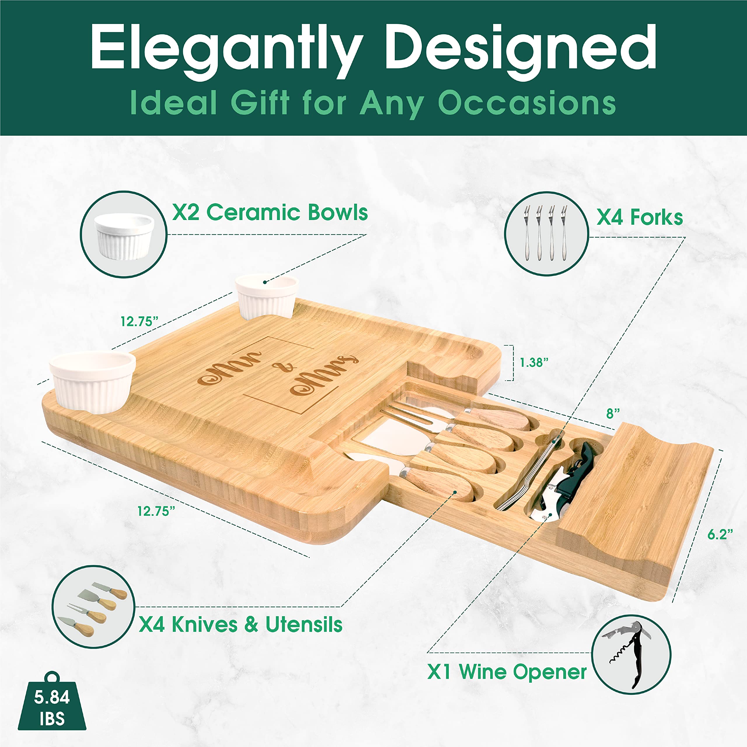 KITCHENVOY Mr. & Mrs. Bamboo Charcuterie Board Engaged Gift Set - Cheese Serving Tray Charcuterie Boards Platter Engagement Gifts for Newlywed Couples - Cheese Board Christmas Just Married Present