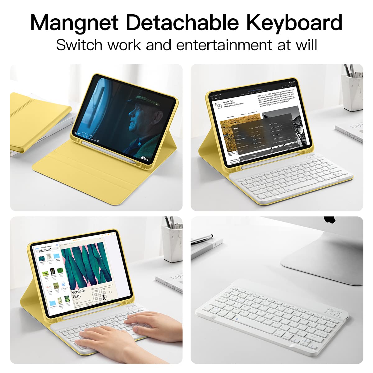 LeiJue Keyboard Smart Case for iPad 10th Generation 10.9 inch 2022,Pu Leather Stand Cover with Magnetic Detachable Keyboard fit for iPad 10th Generation 10.9" 2022,Auto Sleep/Wake (Yellow)