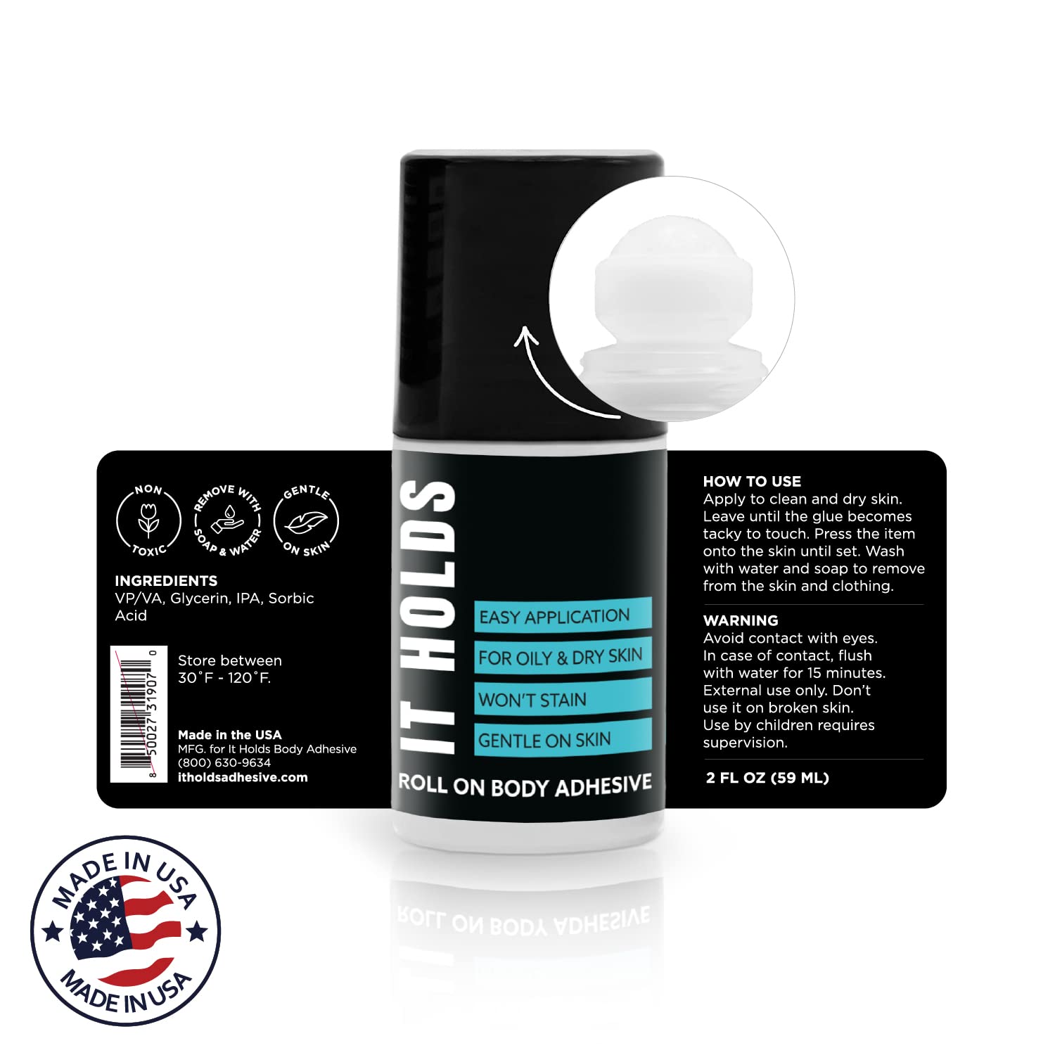 IT Holds Roll On Body Adhesive, Sweat Resistant, for Oily and Dry Skin, Clear & Non-Toxic- 2.0 Ounce Made in USA