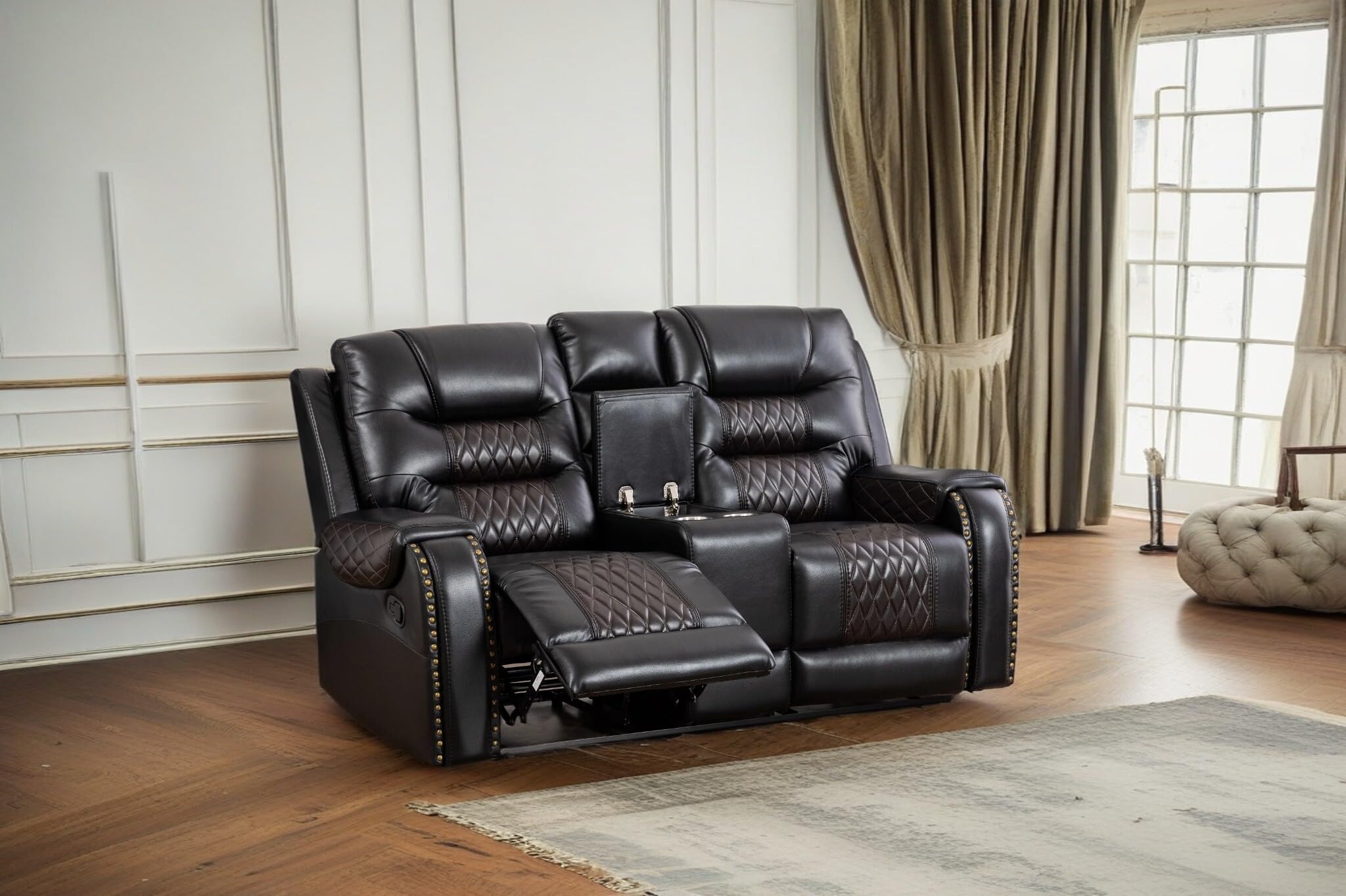 MODCART Manual Leather Recliner Sofa Set, with Drop-Down Table, Cupholders, PU Reclining Sofa Set for 3-Pieces(Sofa+Loveseat+Chair), Leather Recliner Couch Set for Home/Office