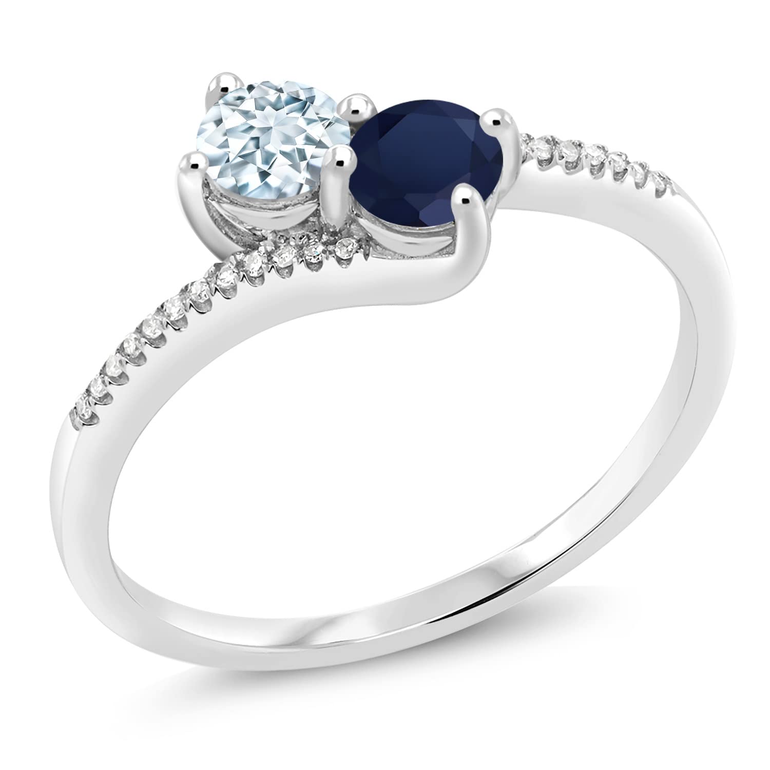 Gem Stone King 10K White Gold Forever United 2 Stone Sky Blue Aquamarine and Blue Sapphire and Diamond Engagement Ring For Women (0.75 Cttw, Round, Avaiable in Size 5,6,7,8,9)