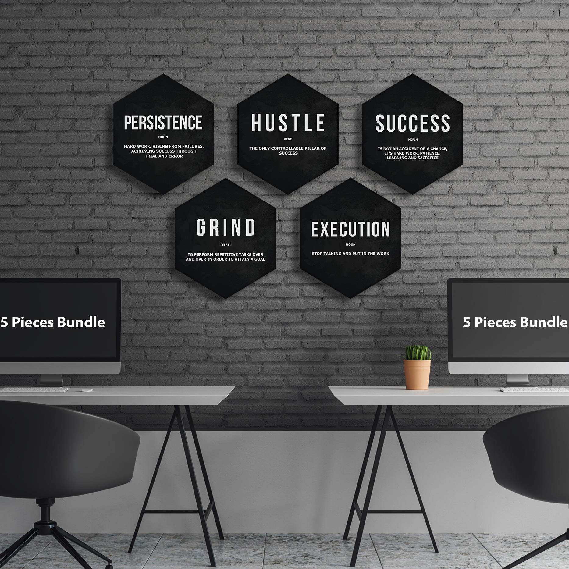 Hexagon Canvas Prints Bundle Office Decor Motivational Modern Wall Art Hustle Success Hexagonal Definition Set Of 3x, 5x, 7x, 9x, 11x Pieces (11 Pieces Bundle)