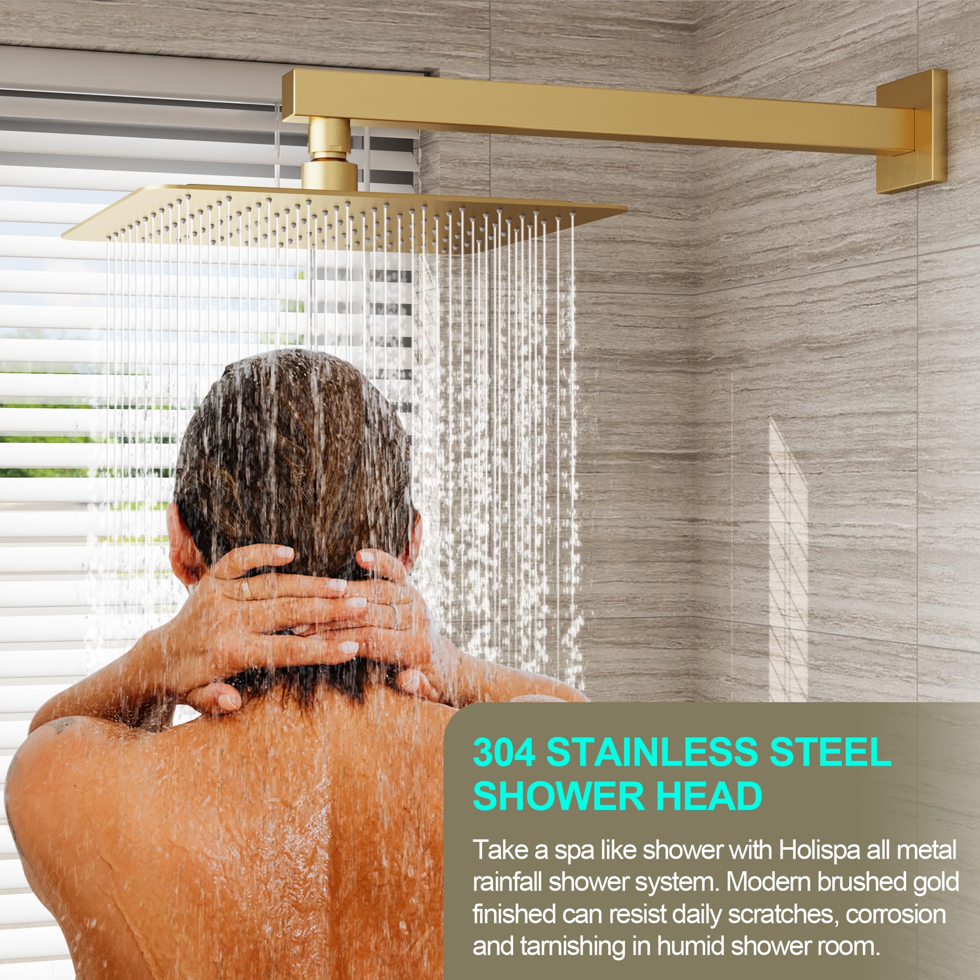 Holispa Gold Shower System, Shower Faucet Set with 10-Inch Rain Shower Head and Handheld, Wall Mounted High Pressure Shower Head Set, Shower Combo Set with Shower Valve and Shower Trim, Brushed Gold