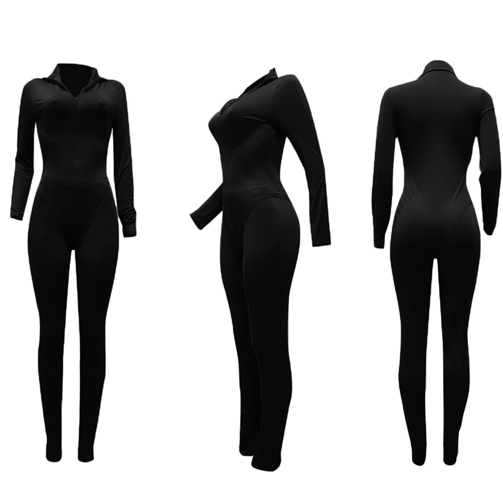 IyMoo Women 2 Piece Outfits Jumpsuit Long Sleeve Mock Neck Bodysuits + Skinny Long Pants Tracksuit Set Black S