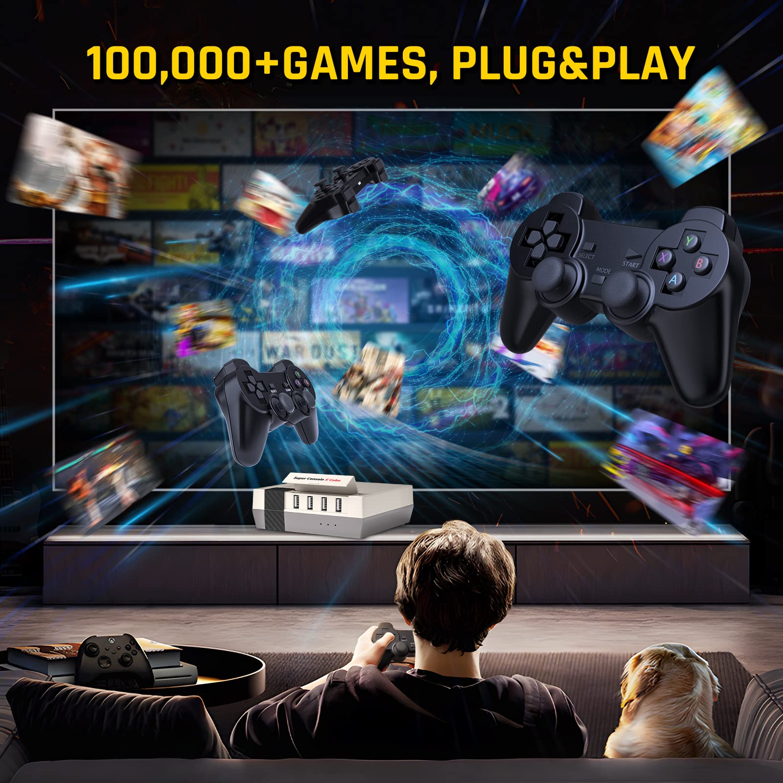 Kinhank 100,000+ Games Super Console Cube X3 Classic Game Consoles,S905X3 Chip,3 Systems in 1, 4K TV HD/AV Output,5 USB Port, Dual Wireless Controllers,Gift for Friends