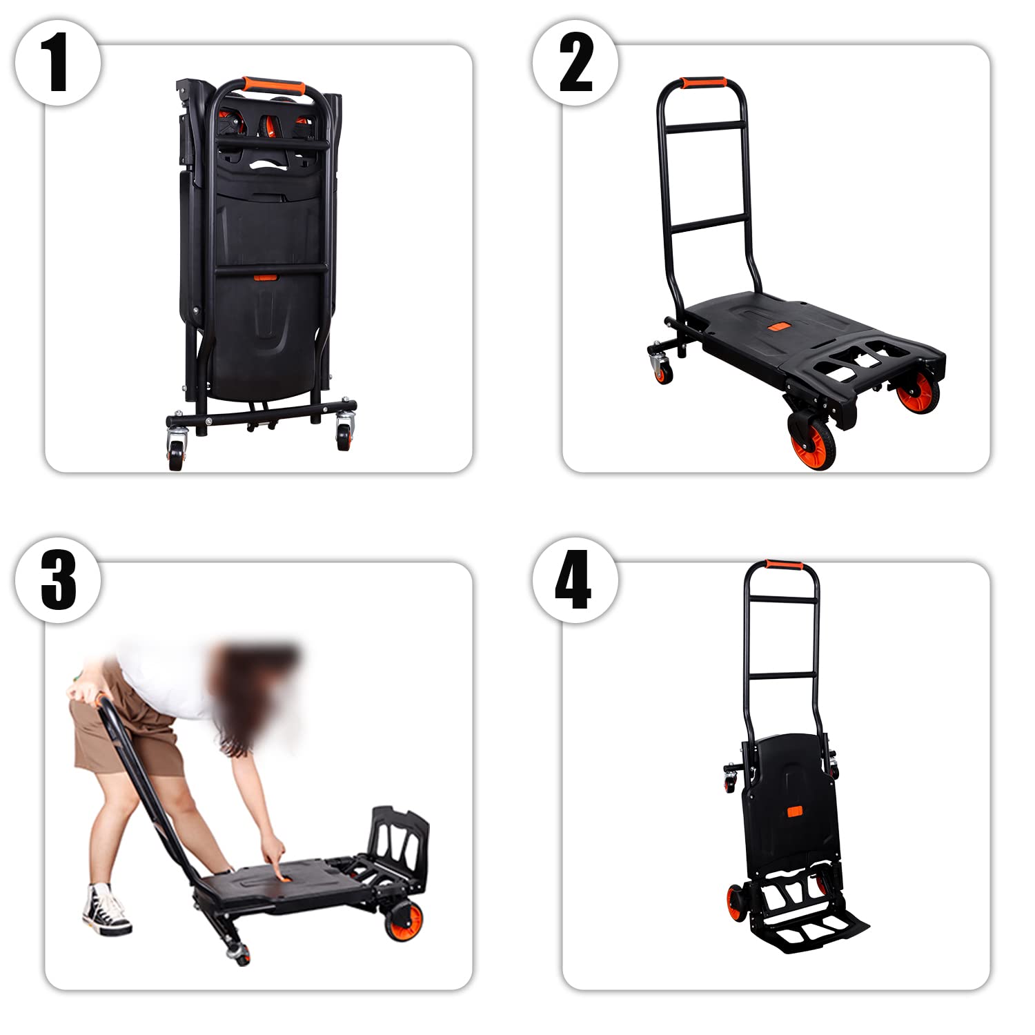 Joric Folding Hand Truck Portable Dolly Cart, One-Button Folding Portable Flatbed, Dual-Purpose Design, Switch at Will, 330lbs Capacity Hand Cart, Suitable for Transportation, Baggage Handling Use