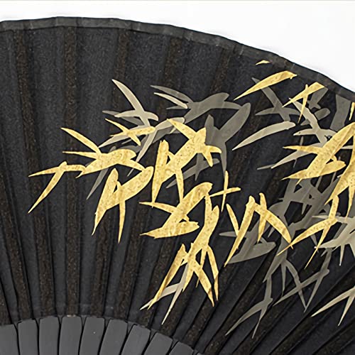 HTian Small Black Folding Fans, Chinese Bamboo Leaf Pattern Hand Fan Folded Purse Hand Fan with Fabric Sleeve and Tassel, for Women