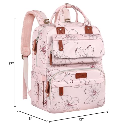 Legestori Floral Printed Diaper Backpack for Moms - Large Pink Bag with Insulated Pockets and Stroller Straps for Baby Girls