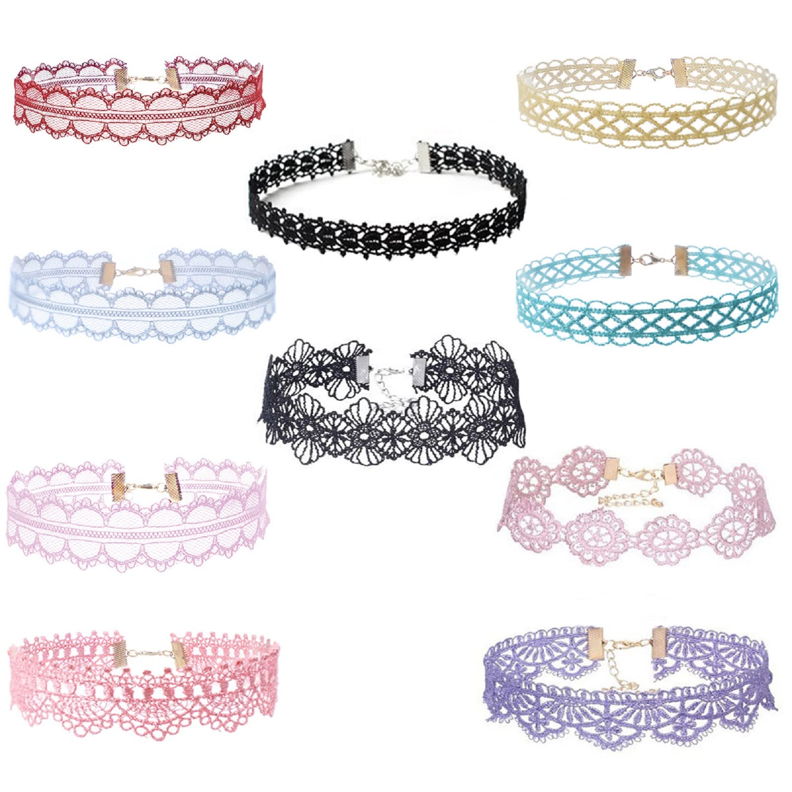 iuviwey Colorful Lace Choker Collar Set of 10 - Vintage-Inspired Adjustable Necklaces - Diverse Patterns for Every Occasion