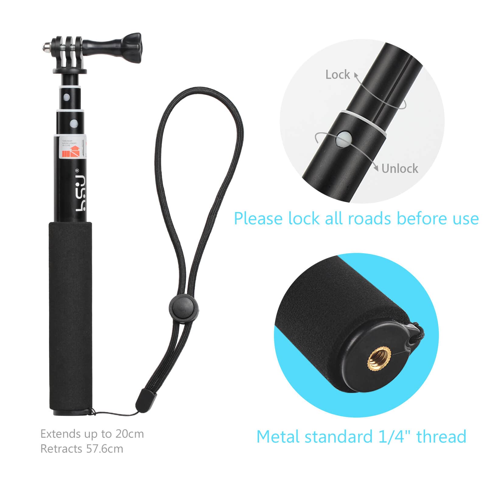 HSU Extendable Selfie Stick, Waterproof Hand Grip for GoPro Hero 12/11/10/9/8/7/6/5/4, Handheld Monopod Compatible with Cell Phones, AKASO Campark Insta360 X3 and Other Action Cameras