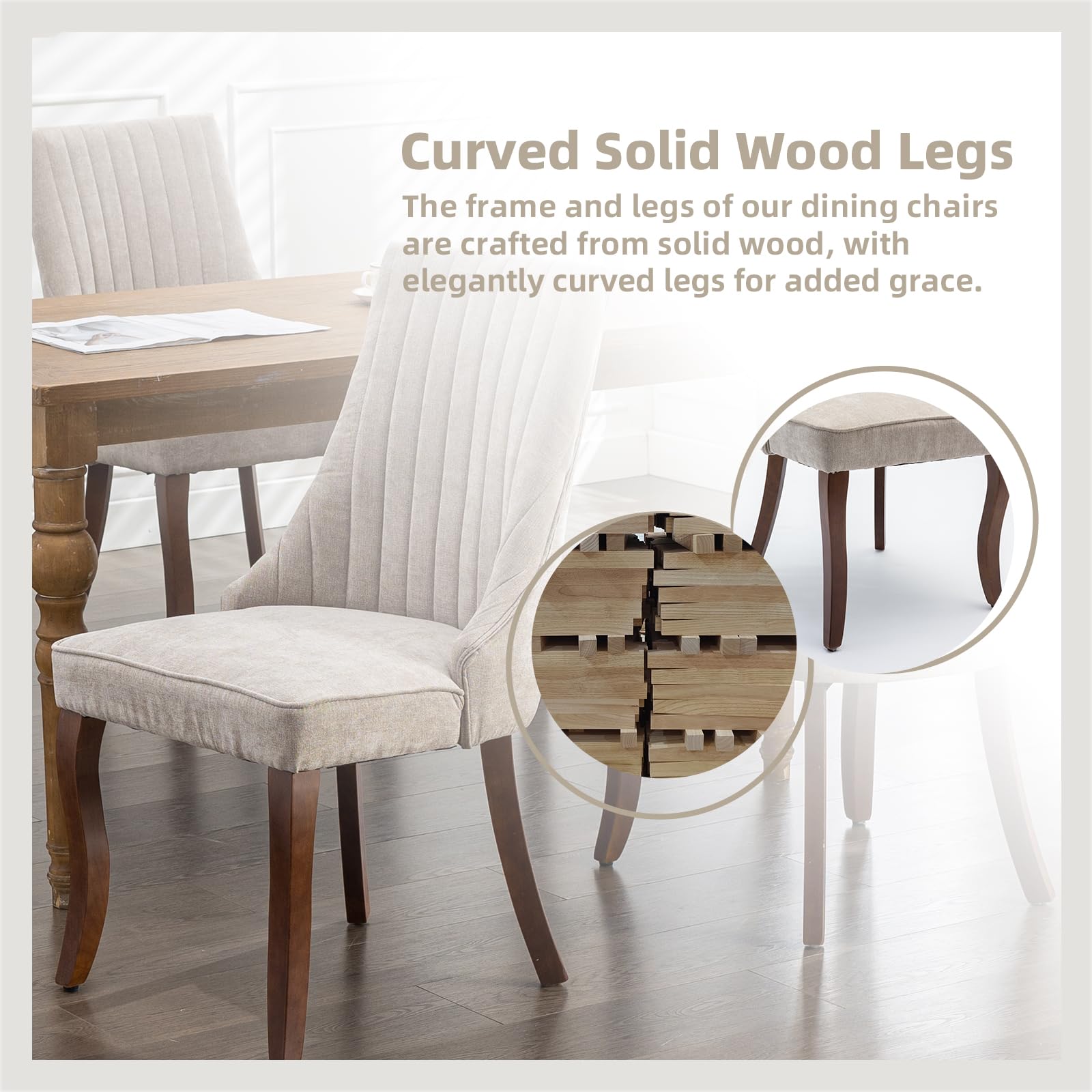 MZDOO Dining Chairs Set of 4,Linen Channel Tufted Kitchen Dining Room Chair with Curved Solid Wood Legs, Comfortable Fabric Upholstered Dining Chair for Dining Room, (Rustic Beige, 4pc)