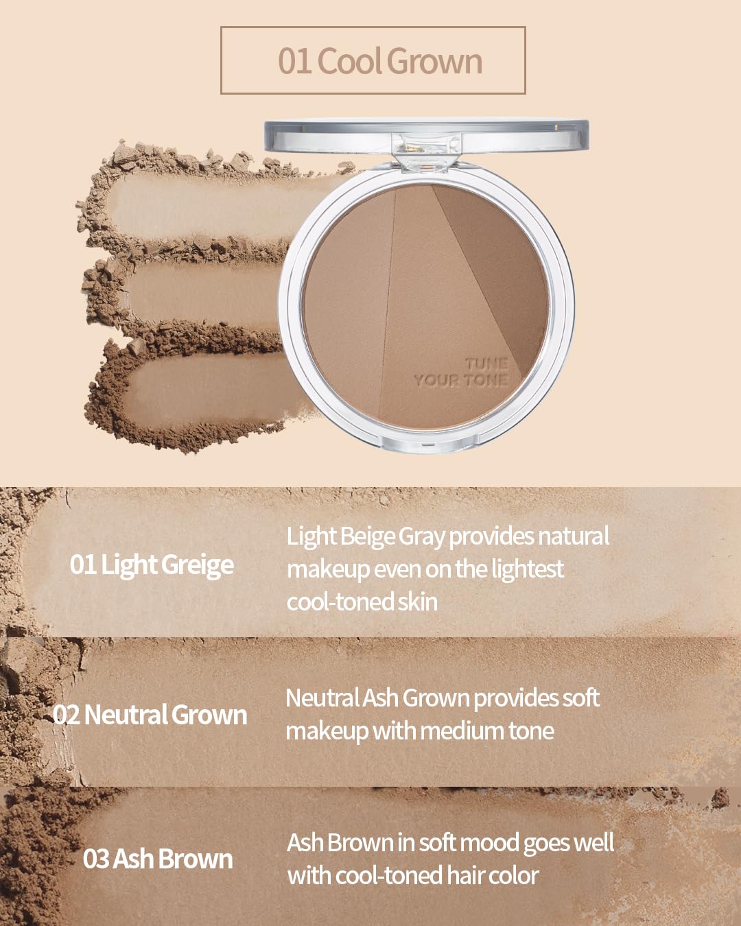 HOLIKA HOLIKA Tone Tuning Shading Contour Palette with Double Ended Contour Brush 01 Cool Grown – Contouring Pressed Powder Korean Cosmetics with Optimal Ratio 3 Colors for Flawless, Long-Lasting Makeup