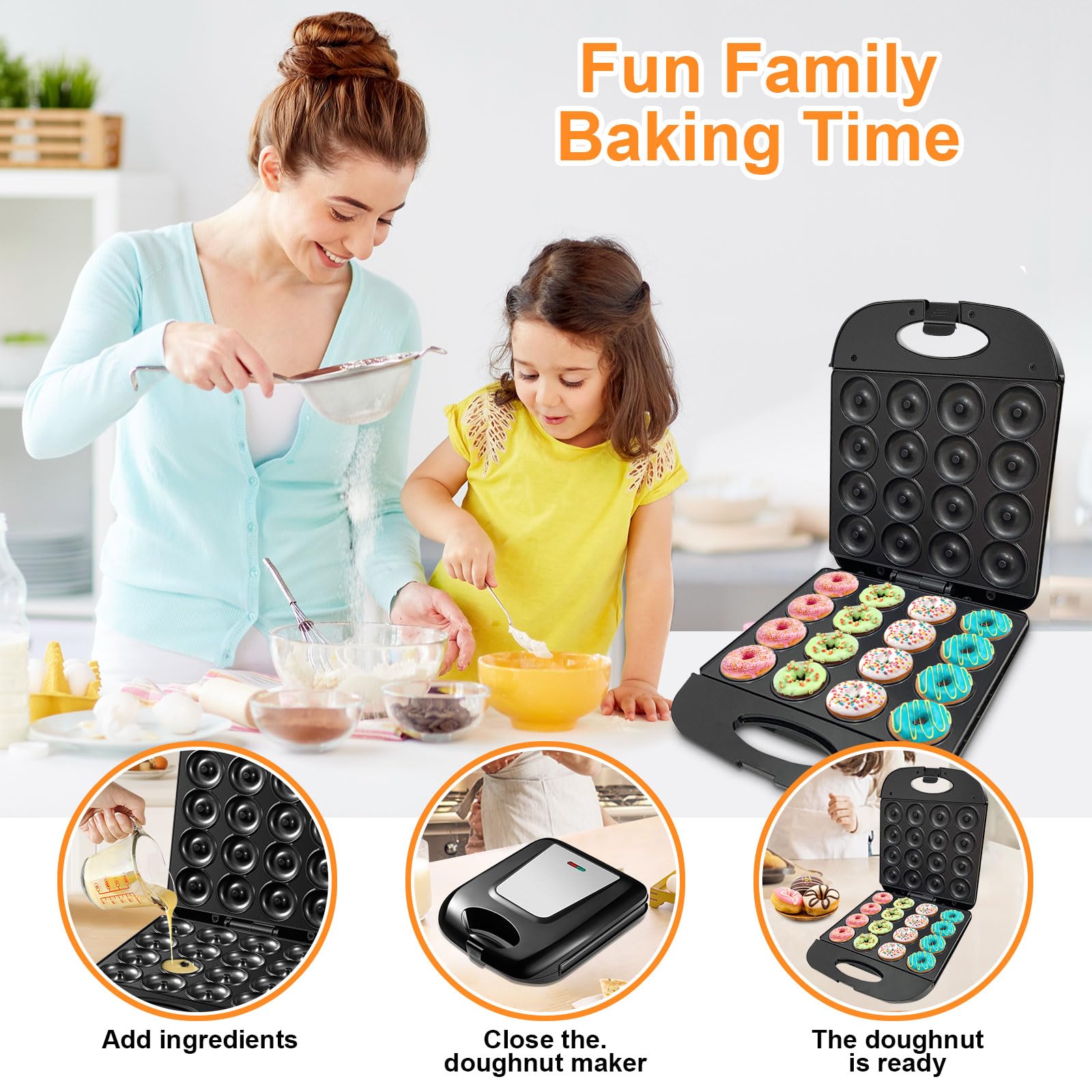 Mini Donut Maker Machine for Home, Kid-Friendly 16-Hole Electric Doughnut and Pancake Maker with Non-Stick Surface, Ideal for Homemade Doughnuts (Black with 1 Pair Mini Oven Gloves & Brush)