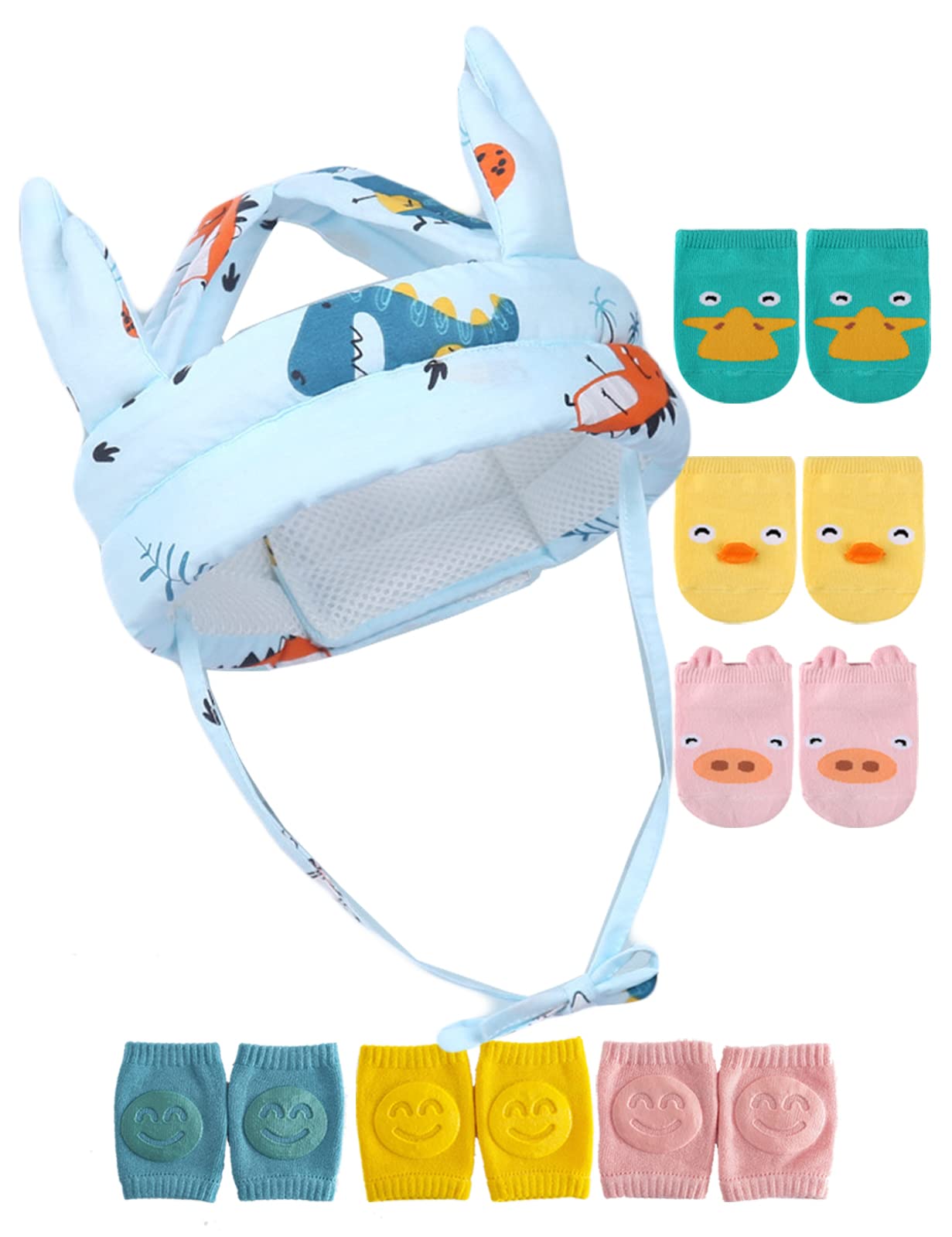 JunNeng Baby Walker Head Helmet Toddler Head Protector Bumper Bonnet with Knee Pads&Anti-Slip Socks (Dniosaur)