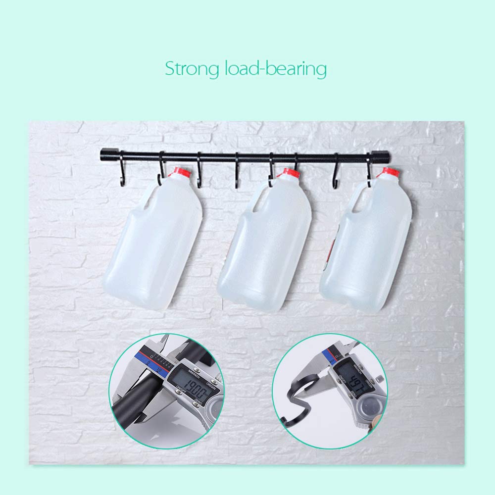 KAIYING Kitchen Utensil Rack with Removable S Hooks for Hanging Pots and Pans, Rod Hooks for Mugs, Wall Mounted Kitchen Rail Organizer, Aluminum,(Black-5 Hooks) (Anodized Black, 10 Hooks)