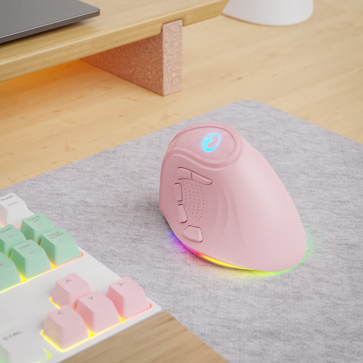 IFYOO 2.4G and BT 5.1 Dual Mode RGB Rechargeable Wireless Vertical Ergonomic Mouse, 5 Side Buttons, Max 4000 DPI, for PC Computer Notebook Laptop, for Windows 11 10, Mac iPad OS, Android - Pink
