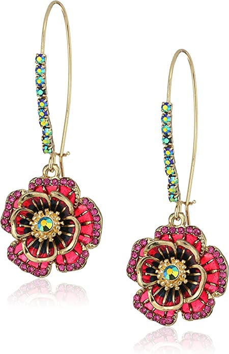 Hot Pink Flower Dangle Earrings for Women Rose Boho Vintage Drop Earrings for Christmas Valentine’s Day (style1)