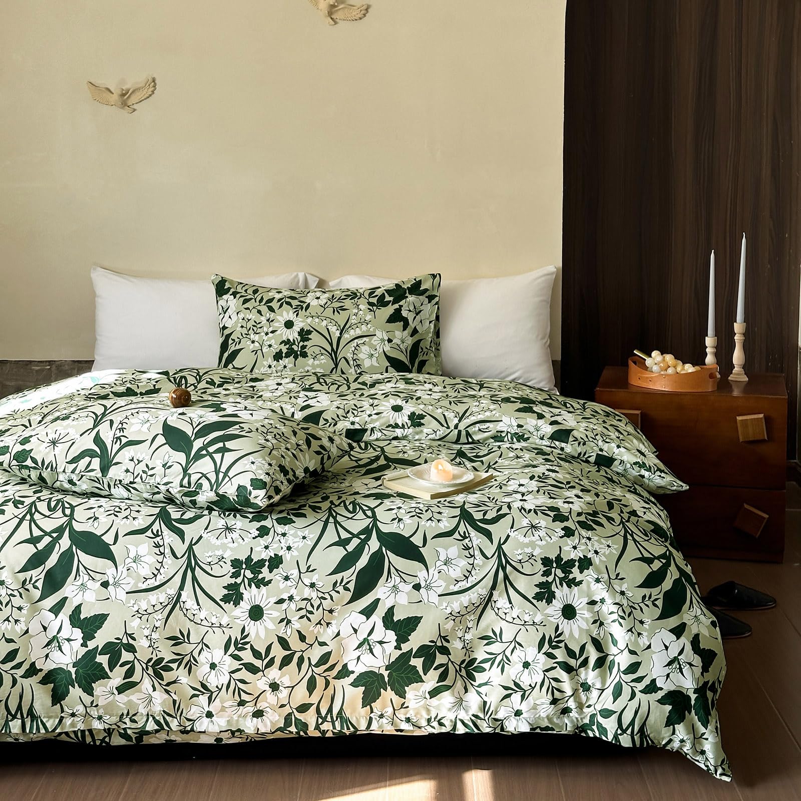 MKXI Green Floral Duvet Cover White Flowers Patterned Tropical Bedding Set Queen Size Print Duvet Cover Set for Girls Generous Plant Duvet Cover 100% Cotton Bedding