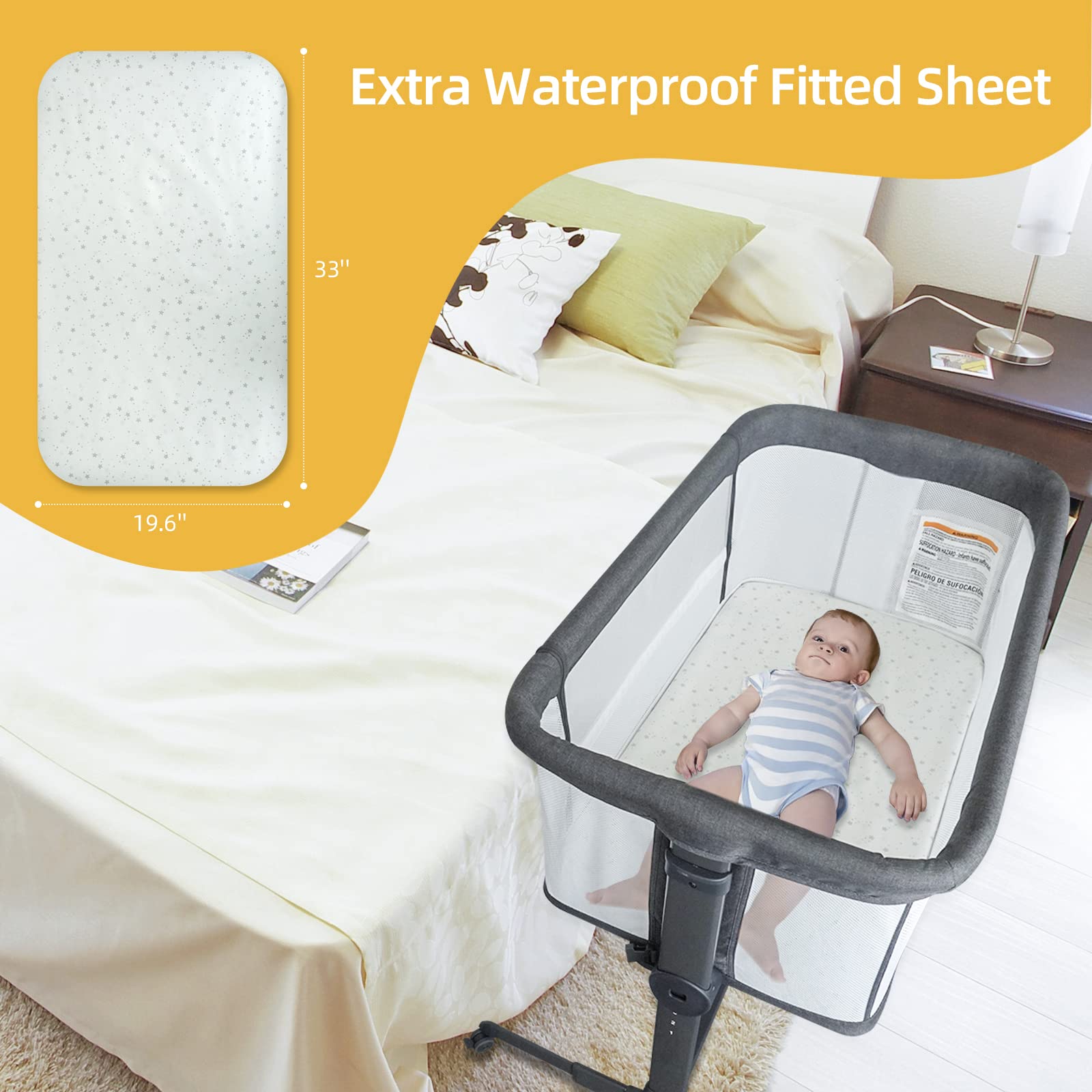 IKOMZY Baby Bassinets Bedside Sleeper, Bedside Bassinet for Baby, Adjustable Portable Bedside Crib for Newborn Babies, Airflow Mesh Walls (Charcoal)