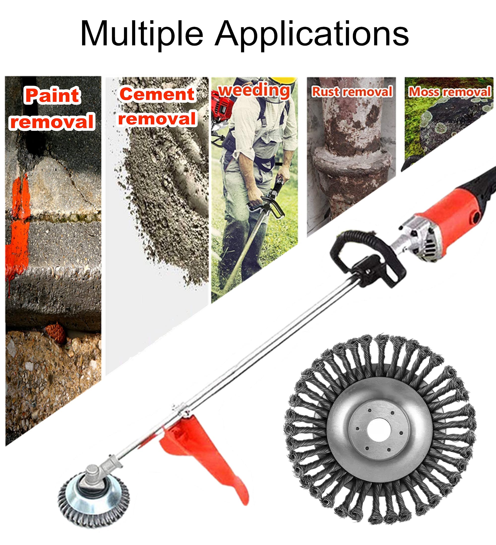 GS 6Pcs 8 in Steel Wire Brush Cutter Trimmer Head Set,with Thrust Washer, Rider Plate, Collar Nut, Maintenance Screwdriver, Bevel Washer,Adapter Kit for String Trimmers, Rust Removal, Lawn Mower