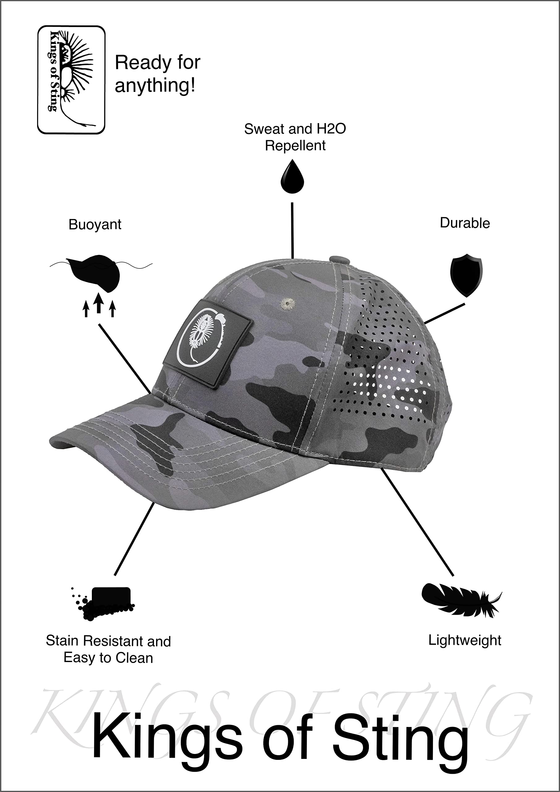 Kings of Sting - Weatherproof Premium Epic Day Surf Cap - Black Camo - Trucker Style Baseball Hat Made for The Water