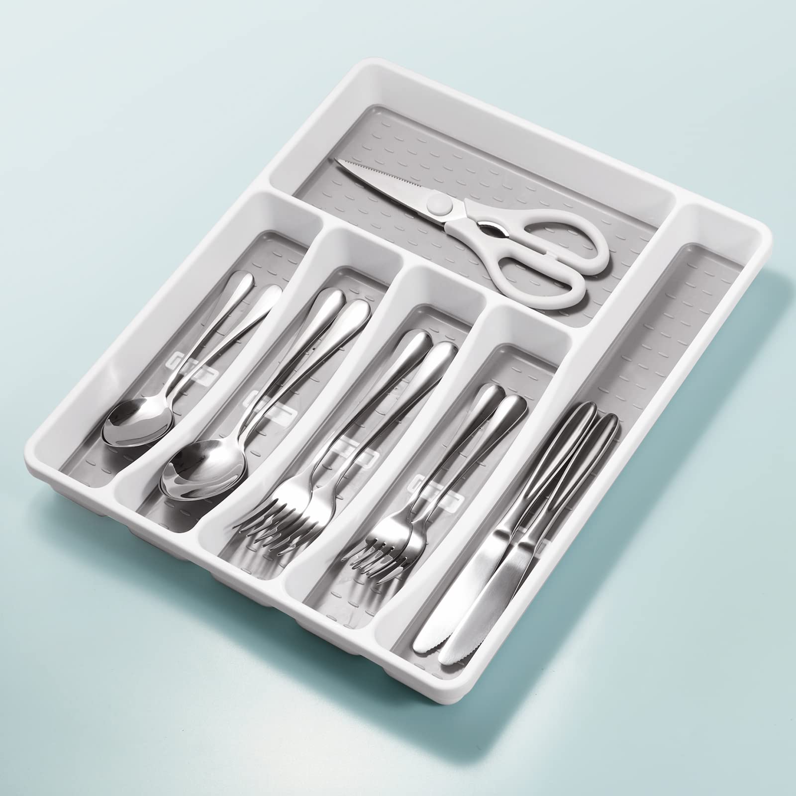 Joequality Silverware Organizer with Icons,Plastic Cutlery silverware Tray for Drawer,Utensil Tableware Flatware Organizer for Kitchen with Non-slip TPR,Fits Oversized Drawer,6-Compartment,Grey