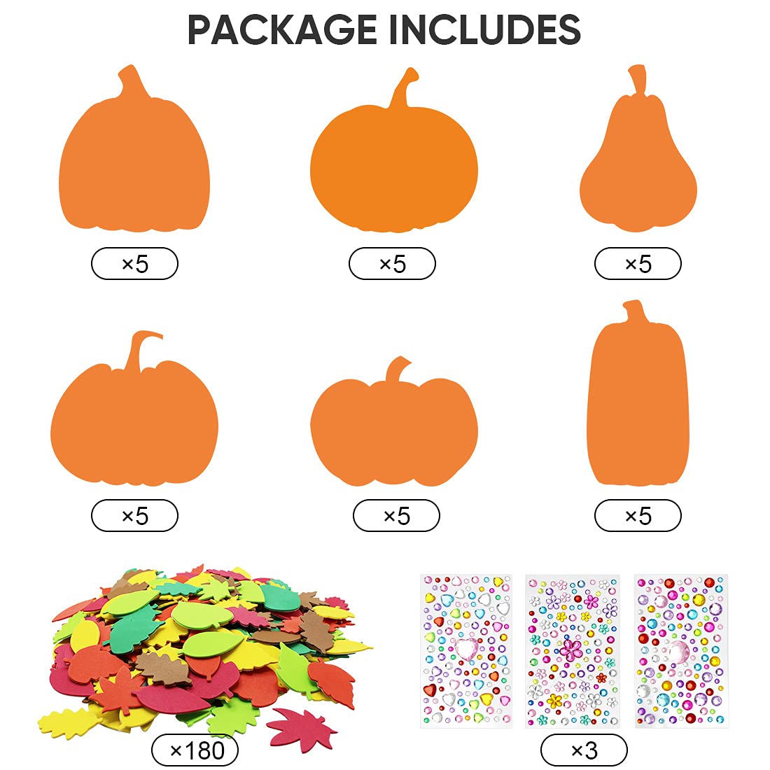 Hifunwu 30Pcs Halloween Foam Pumpkin Craft Kit Decorations with Foam Fall Maple Leaves Rhinestone Stickers for Halloween Thanksgiving Kids Art Crafts Decorations