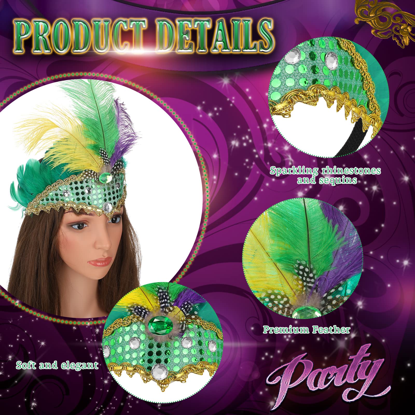 Jutom 2 Pcs Mardi Gras Feather Headband Headpiece Carnival Showgirl Masquerade Feather Headdress for Women (Multicolor)