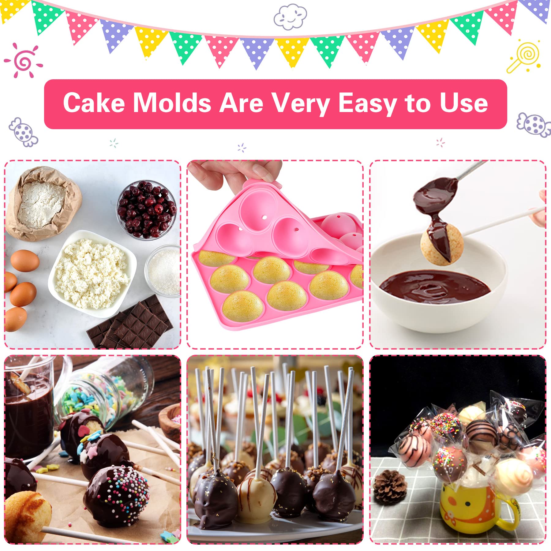 JULMELON Cake Pop Mold,12pcs Capacity Silicone Cake Pop Mold Set, Cake Pop Maker with 100pcs Cake Pop Sticks 100pcs Candy Treat Bags100pcs Gold Ties for Lollipop Candy Chocolate Making and Packing