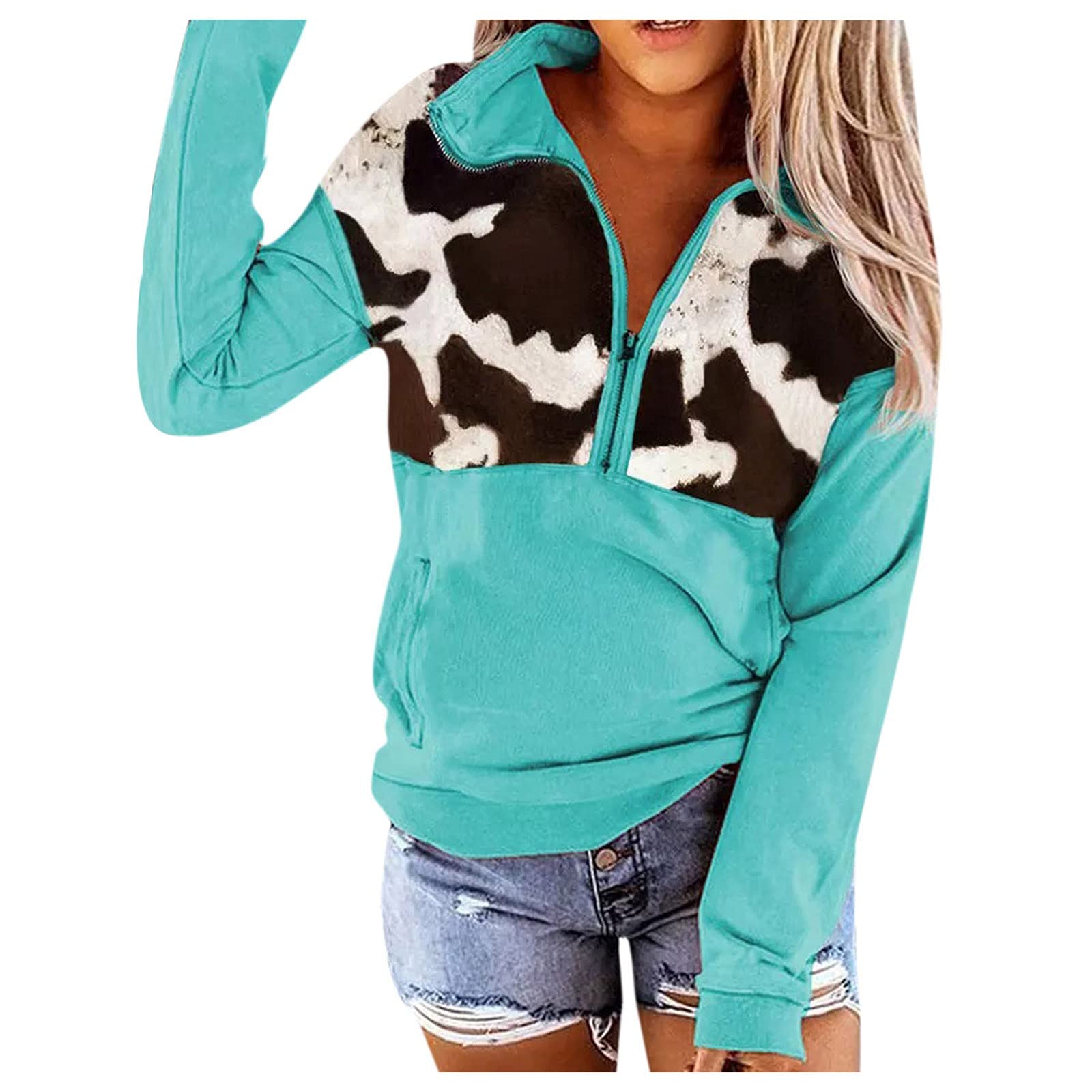 Hemlock Women 1/4 Zipper Pullovers Cow Print Tops Long Sleeve Sweatshirts Sweater Tunic Blouse Fall Top Outwear Green