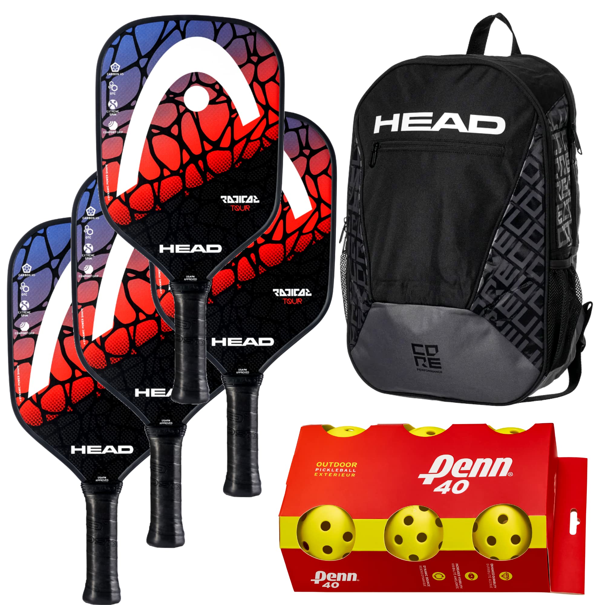 HEAD Radical Tour Classic Graphite 4 Paddle Bundle with HEAD Core Backpack, 6-Pack Penn Outdoor Pickleballs